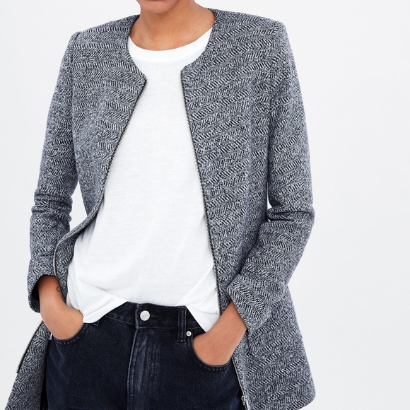 Zara | Jackets & Coats | Nwt Zara Navy Blue Herringbone Zipup Frock ...